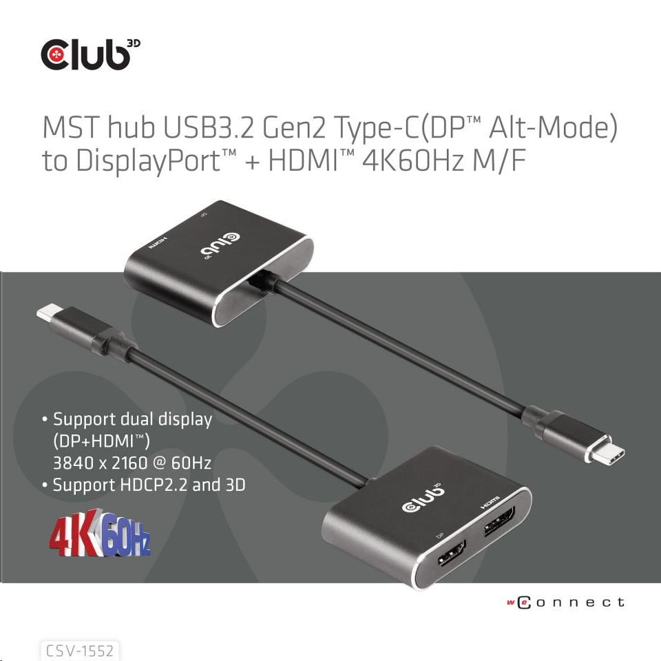 Club3D hub MST (Multi Stream Transport) USB3.2 Gen2 Type-C(DP Alt-Mode) na DisplayPort + HDMI ...