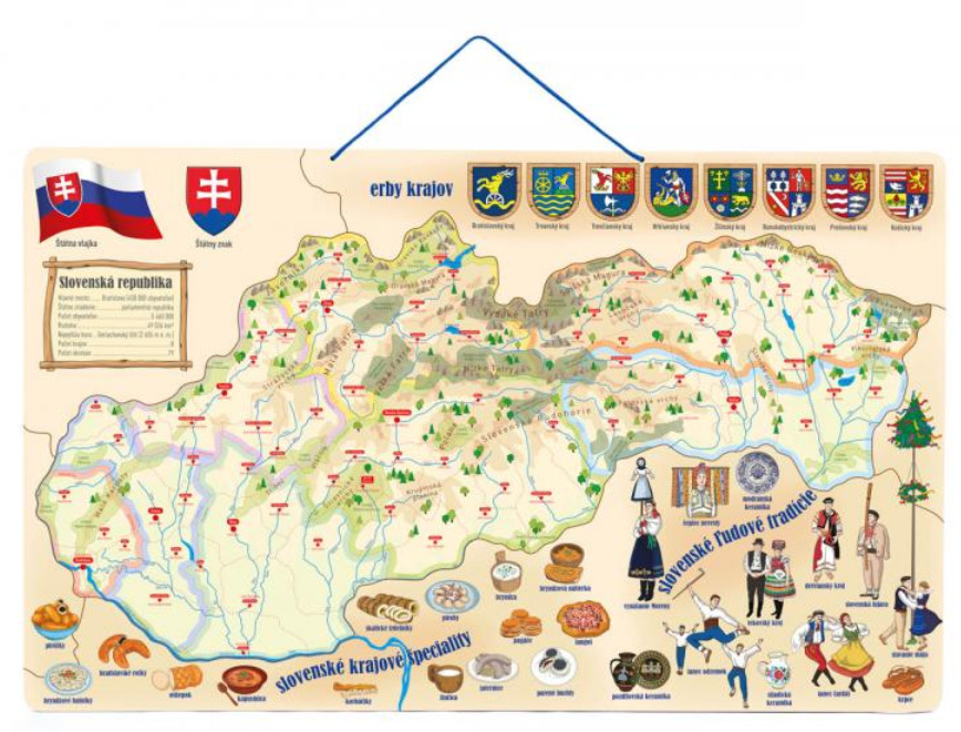 WOODY Magnetická mapa Slovenska s obrázky a společenská hra, 3 v 1 ...